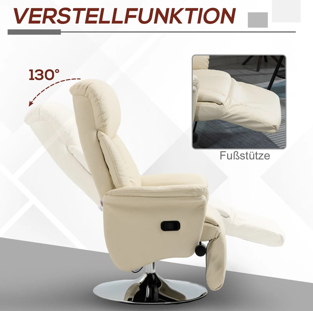 HOMCOM Relaxační křeslo s nastavitelnou opěrkou a 360° otočením, umělá kůže, do 150 kg, pro obývací pokoj, ložnici, domácí kino, krémové