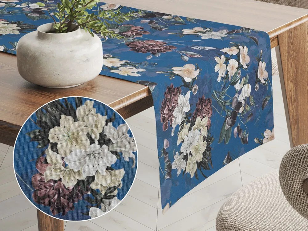 Biante Teflonový běhoun na stůl TF-061 Květiny na modrém 20x120 cm