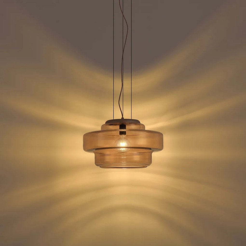 Retro závěsná lampa tmavý bronz s jantarovým sklem - Barb