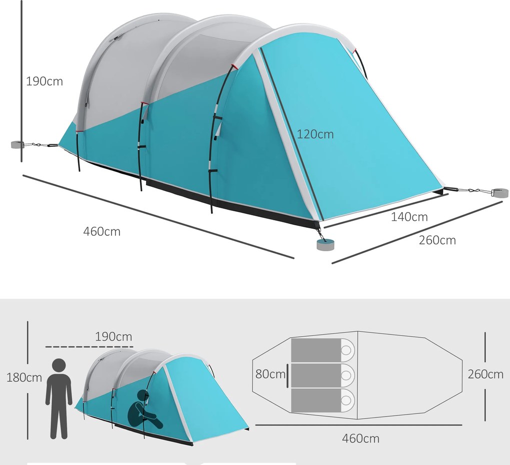 Tunelový stan Outsunny pro 5 osob, 180V x 460L x 230W cm, odolný proti UV záření, s kolíky, nosnými lany, taška, vodoodpudivý, modrý | Aosom