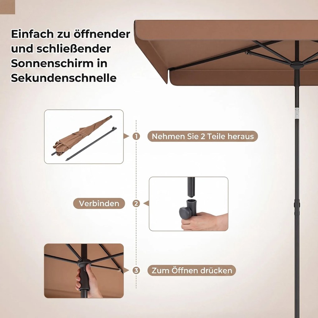 Costway Slunečník Obdélníkový s úhlem sklonu 30° Skládací – 200 × 130 cm, hnědý