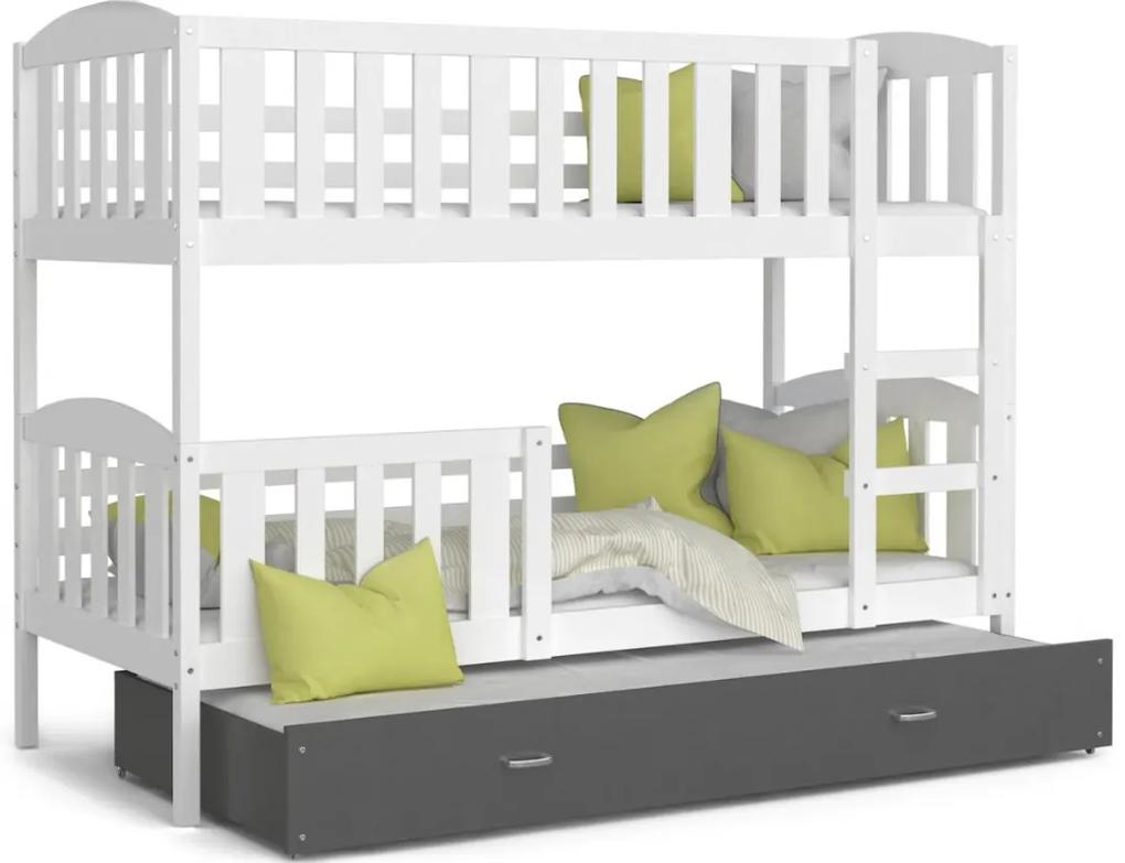 Expedo Dětská patrová postel s přistýlkou KUBA 3 COLOR + matrace + rošt ZDARMA, 190x80, bílá/šedá