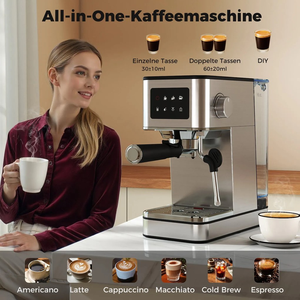 Costway Portafiltrační přístroj s napěňovačem mléka 20 Barový espresso přístroj