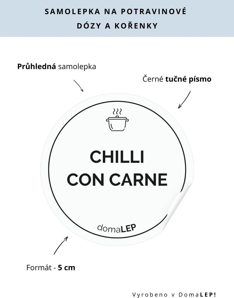 Samolepka na kořenky CHILLI CON CARNE průhledná 5 cm tučné písmo