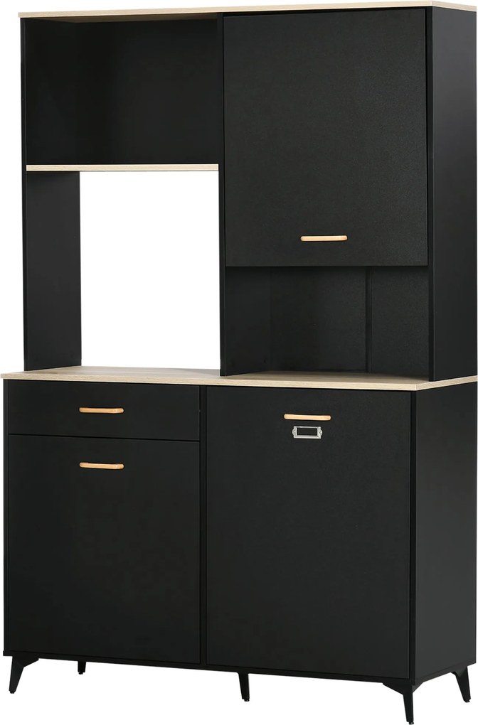 HOMCOM Kuchyňské Komoda s 1 Šuplíkem 3 Dveřmi a Otevřeným Úložným Prostorem Moderní Styl Mikrovlnná Trouba 119x41x180 cm Černá | Aosom