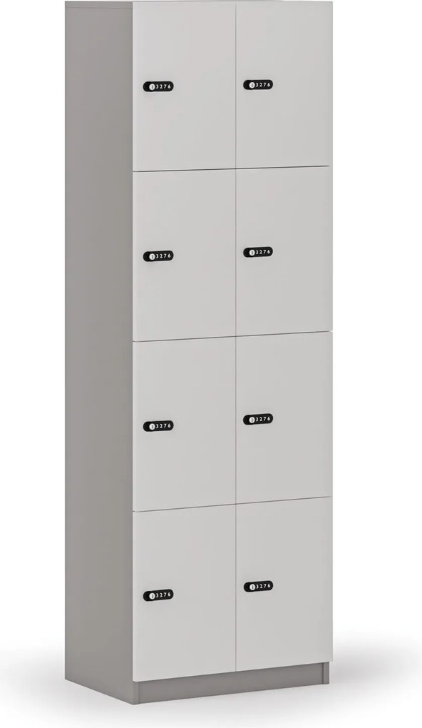 Dřevěná šatní skříňka S4 s úložnými boxy, 8 boxů, demont, mechanický kódový zámek, šedá/bílá