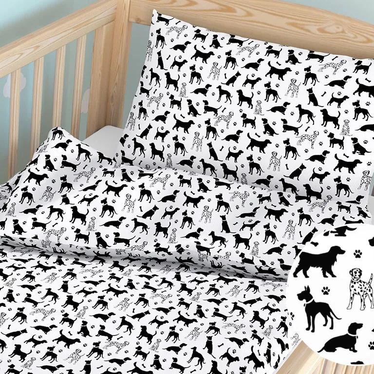Goldea dětské bavlněné povlečení do postýlky - vzor 945 černí psi na bílém 90 x 120 a 40 x 60 cm