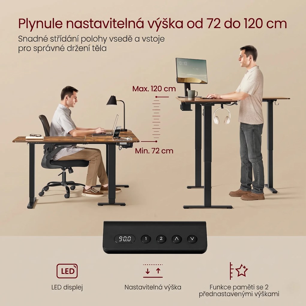 Rohový výškově nastavitelný pracovní stůl Vasagle Grey 160 cm hnědý/černý