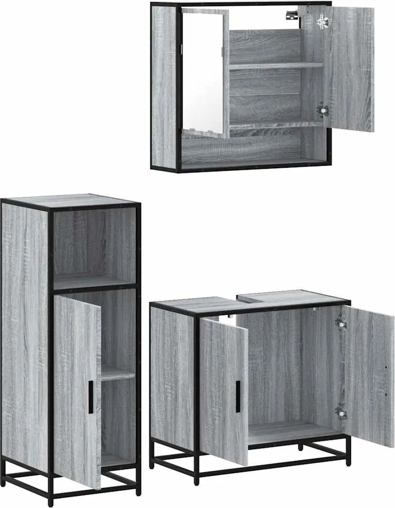 3dílný set koupelnového nábytku šedý sonoma kompozitní dřevo 3300978