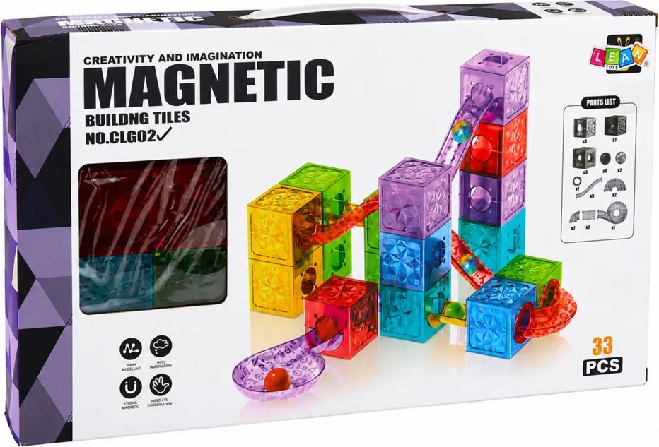 LEAN Toys Magnetické stavební kostky – kostky, kuličková dráha, barevné, 33 ks.