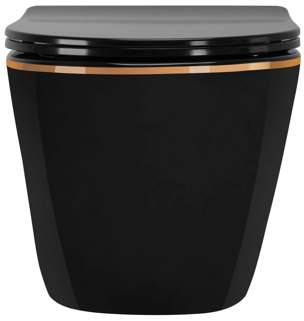 Rea Carlo Mini, rimless závěsná mísa 49x37 cm se sedátkem s pomalým zavíráním, černá-zlatý okraj, REA-C8800