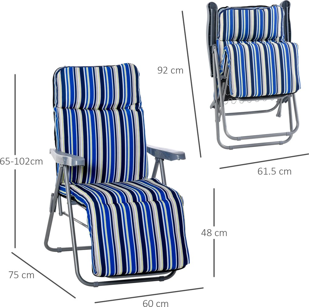 Outsunny lehátko sada 2 lehátek s polštářem skládací nastavitelné opěradlo ocel polyester modrá 60x75x65-102cm na zahradní terasu | Aosom.de