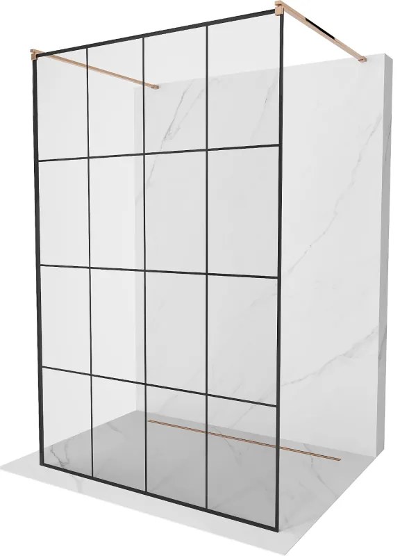 Mexen Kioto, průchozí sprchová zástěna Walk-in 150 x 200 cm, 8mm čiré sklo-černý vzor, profil růžové zlato, 800-150-002-60-77