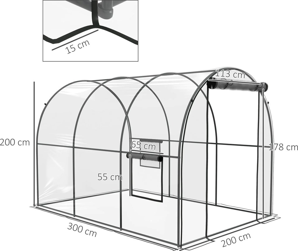 Zahradní skleník Outsunny - Tonnel pro rajčata, půdorys 6 m², 3L x 2W x 2H m, zpevněný trubkový rám, zipové dveře, 2 vysouvací okna - Průhledný