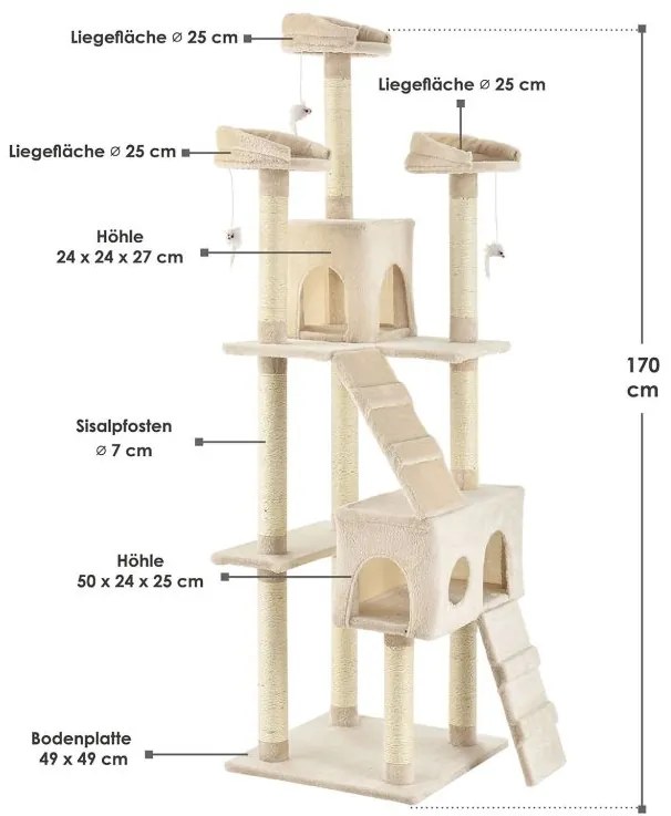 Škrabadlo pro kočky 170 cm s pelíšky, domečky a sloupky