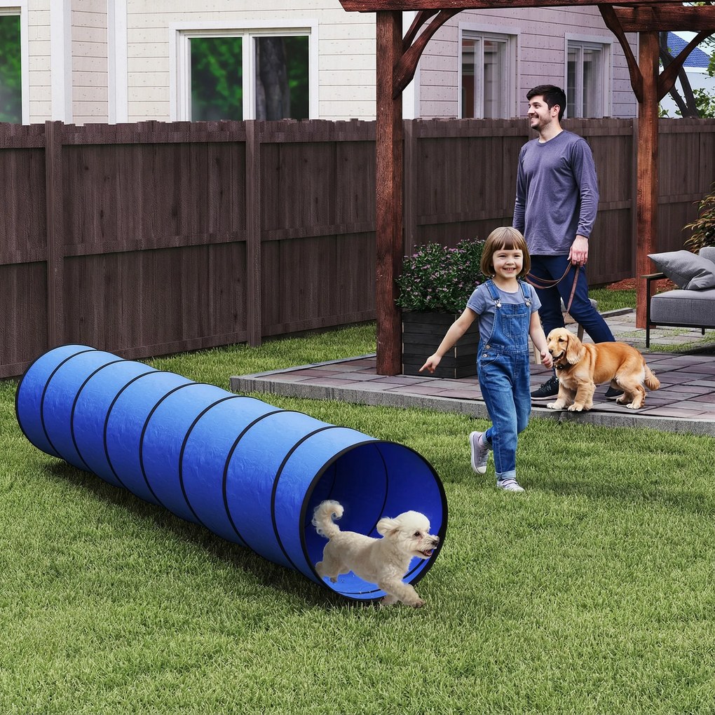 PawHut Psí agility tunel 300 x 50 cm Psí tunel se 4 kotvami do země Přenosná taška Hrací tunel pro malé středně velké psy Modrá barva