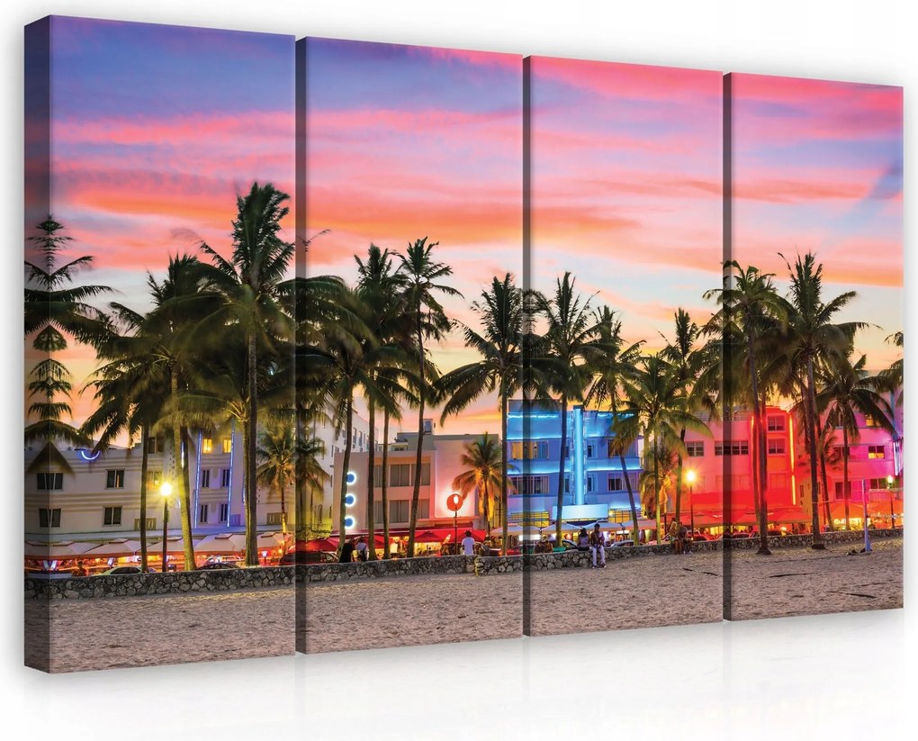 Obraz 120x80 Miami Beach západ slunce palmy art deco noční město pláž