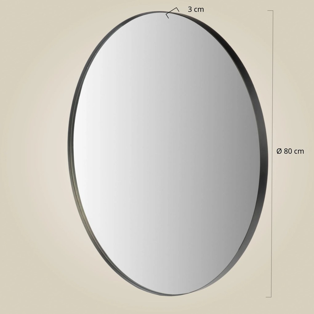 Kulaté zrcadlo NOOR, kovový rám, černá barva, Ø 80 cm