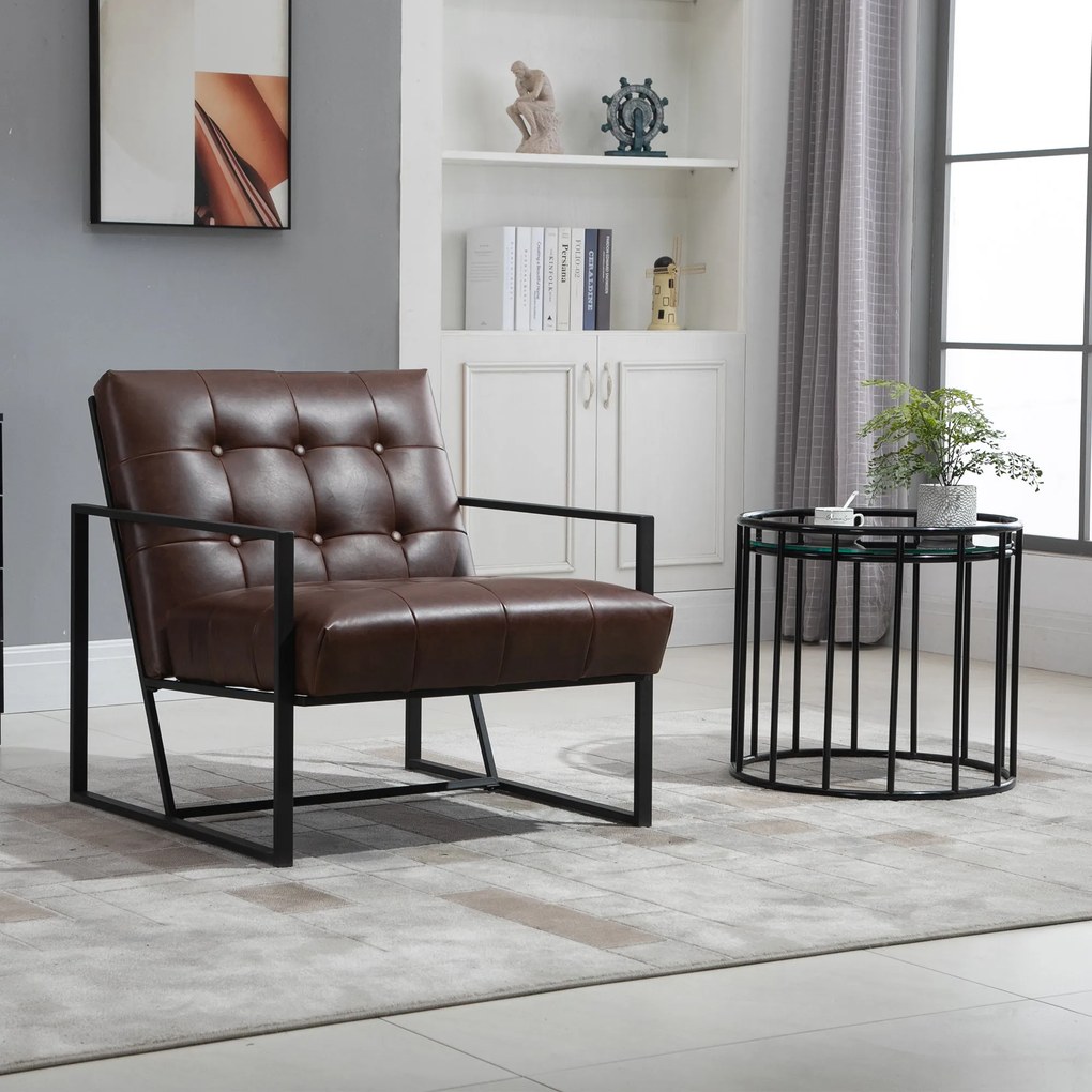 HOMCOM Chesterfield Křeslo Lounge Relaxační Křeslo S Polstrovaným Sedákem a Opěrkou Hlava Černý Kovový Rám Umělá Kůže Čokoládová