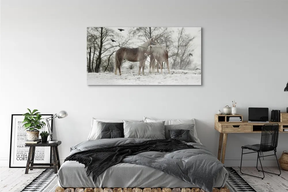 akrylový obraz Zimní lesní jednorožci 140x70 cm
