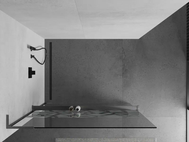 Mexen Kioto+ L, sprchová zástěna Walk-In s poličkou a věšákem 80 x 200 cm, 8mm čiré sklo bílý vzor, ​​grafitový profil, 800-080-123-66-85