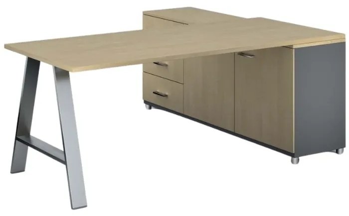 B2B Partner Rohový kancelářský psací stůl PRIMO STUDIO, skříňka vlevo, 1800 x 800 mm, šedá / bříza