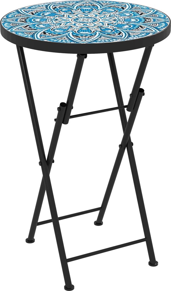 Skládací postranní stůl Outsunny s mozaikovým designem, kulatý odolný kovový balkonový stůl Ø35,5 x 55 cm, campingový stůl, skládací stůl, konferenční