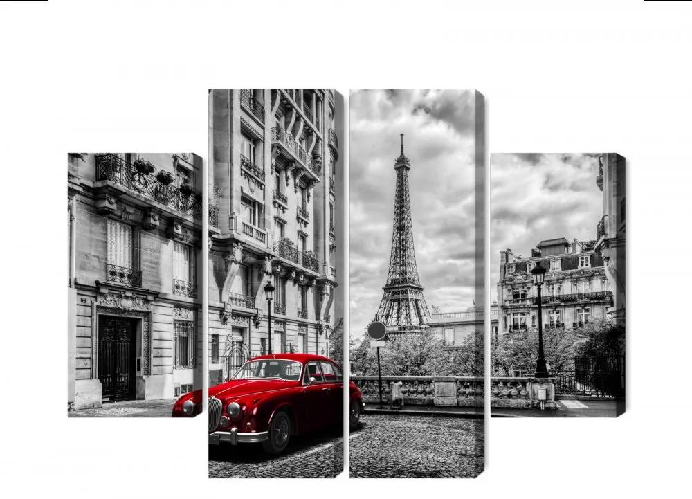 Vícedílný obraz Červené Auto V Retro Stylu Na Pozadí Eiffelovy Věže Nedostatek Nedostatek Přírodní plátno 160x120