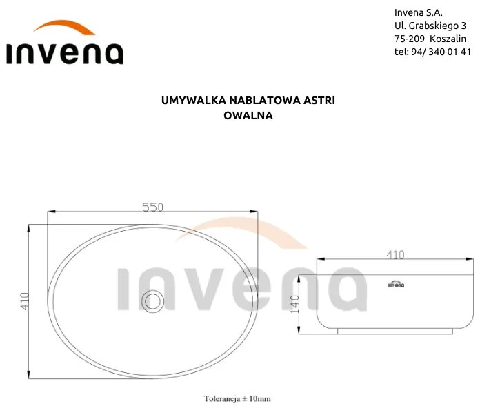 Invena Astri, keramické umyvadlo na desku 55x41x14 cm, bílá lesklá, INV-CE-30-001-W