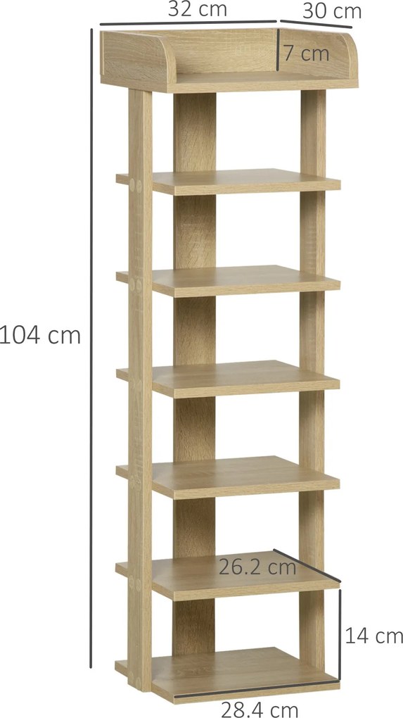 HOMCOM Vstupní dřevěný stojan na boty, organizátor s 6 policemi a horní policí, 32x30x104cm, Dub