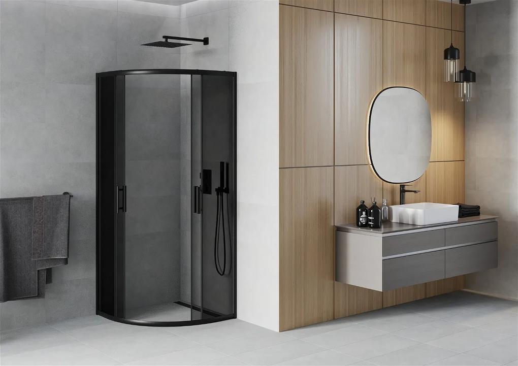 Mexen Rio, čtvrtkruhový sprchový kout s posuvnými dveřmi 90 (dveře) x 90 (dveře) x 190 cm, 5mm šedé sklo, černý profil, 863-090-090-70-40