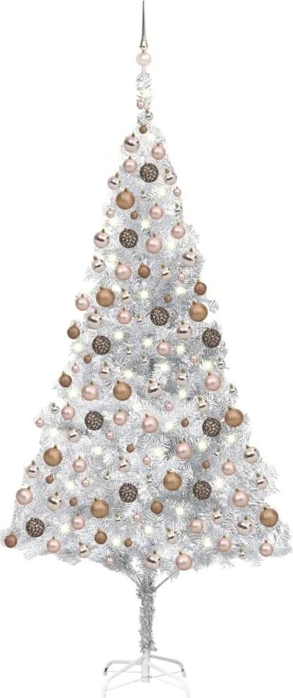 vidaXL Umělý vánoční stromek s LED a sadou koulí 240 cm PVC [3077506] Barva: Černá a růžová
