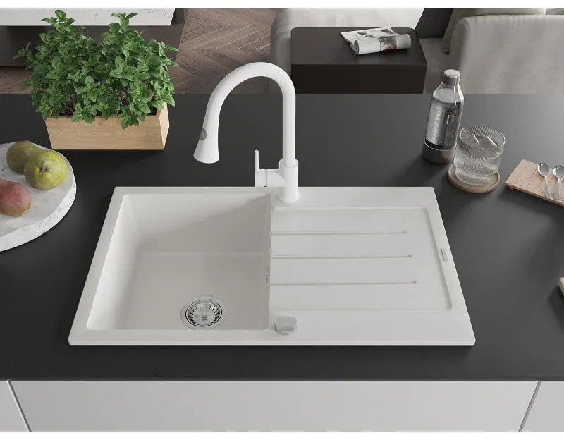 Mexen Bruno, 1-komorový granitový dřez 795x495x200 mm a dřezová baterie Elia, bílá, 6513-20-670101-20