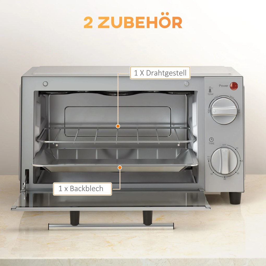 HOMCOM Mini trouba 9L Mini trouba s pečicím plechem, grilovací rošt, 100 °C-230 °C, s nastavitelnou teplotou a dobou pečení, časovač na 60 min, 750 W…