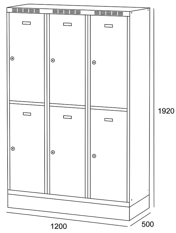 Šatní skříňka S6 s úložnými boxy na soklu, 6 boxů, 1920 x 1200 x 500 mm, otočný zámek, červené dveře