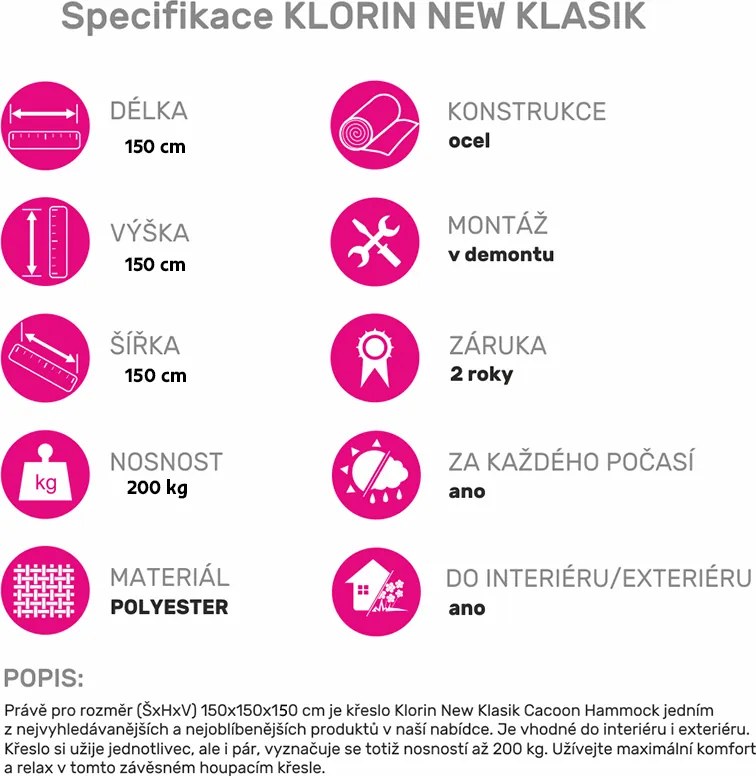 Závěsné houpací křeslo, světle šedá, KLORIN NEW KLASIK CACOON HAMMOCK