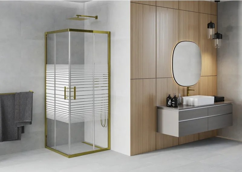 Mexen Rio, čtvercový sprchový kout s posuvnými dveřmi 80 (dveře) x 80 (dveře) x 190 cm, 5mm čiré sklo s pásky, zlatý profil, 860-080-080-50-20
