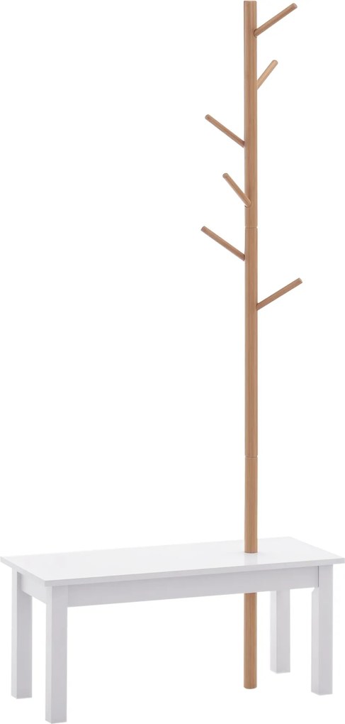 HOMCOM Stojan na kabáty ve tvaru stromu s lavicí, moderní, 6 háčků na zavěšení oblečení a tašek do chodby a vstupu, bambus a MDF, 80x30x180 cm | Aosom