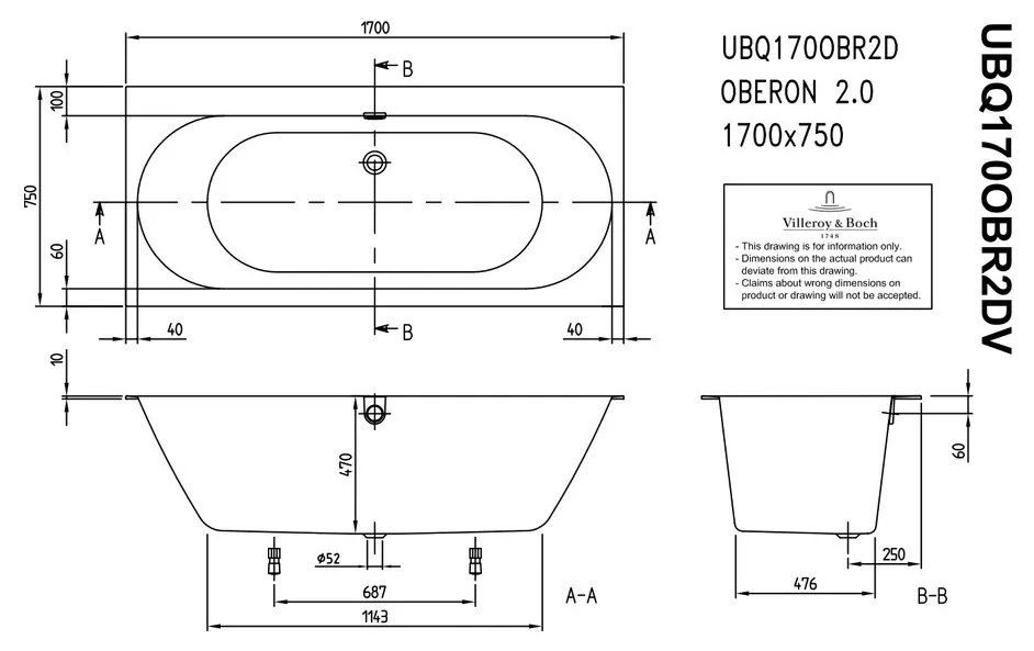 Villeroy & Boch Villeroy Boch OBERON 2.0 Duo: Vana 1700x750 mm, Quaryl, včetně nohou (samolepicí), odpadu a přepadu, bílá Alpin UBQ170OBR2DV-01