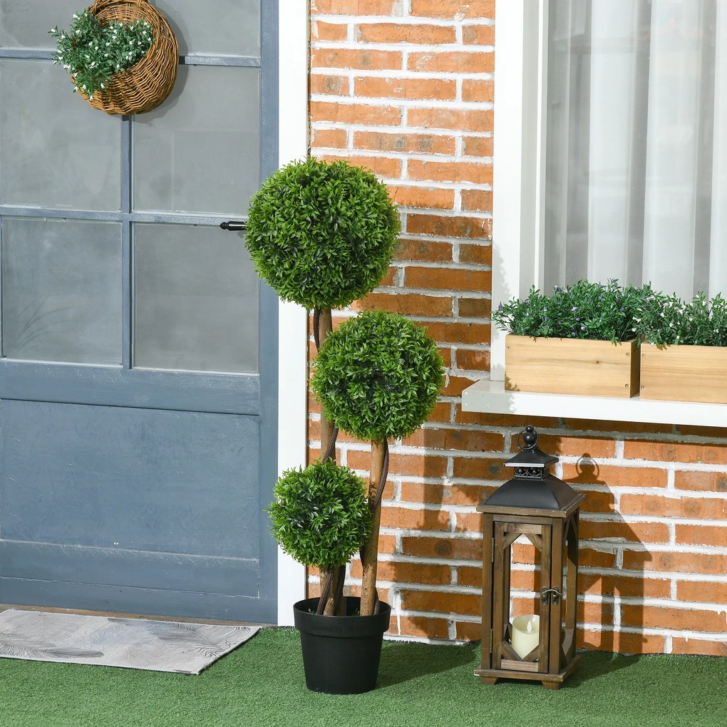 Umělý strom HOMCOM, Umělá rostlina, Zelený buxus se 3 koulí z bambusových listů, Včetně květináče, Pro vnitřní i venkovní použití, Výška 110 cm, Bez …