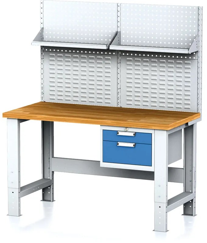 Alfa 3 Nastavitelný dílenský stůl MECHANIC I , závěsný box na nářadí, nástavba, police,2 zásuvky, 1500x685x700-1055 mm, modré