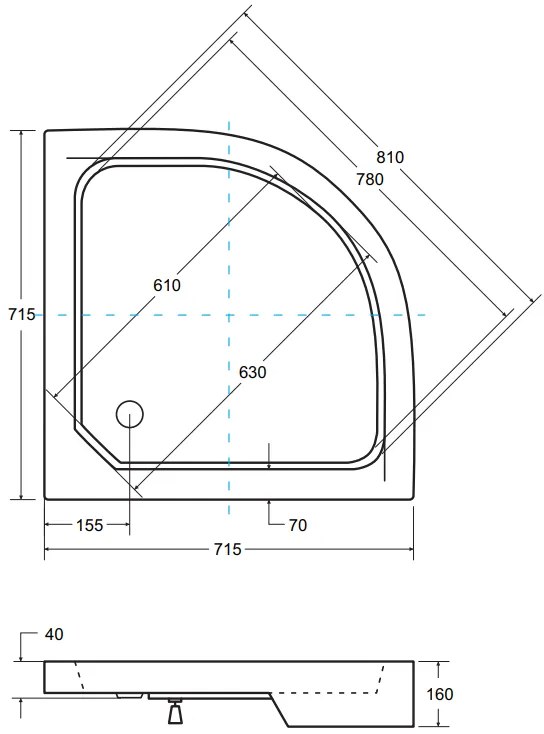 BESCO Čtvrtkruhová sprchová vanička ALEX Rozměr A - 70 cm, Rozměr B - 70 cm OLBVANACALE70