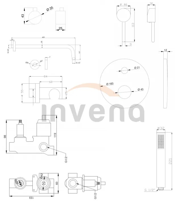 Invena Dafni, podomítková sprchová sada s dešťovou hlavovou sprchou 25cm, chrom lesklý, INV-BS-88-0O2-A