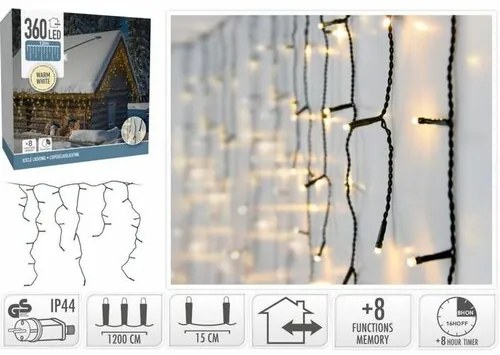 Světelný vánoční řetěz Icicle teplá bílá, 360 LED, 12 m