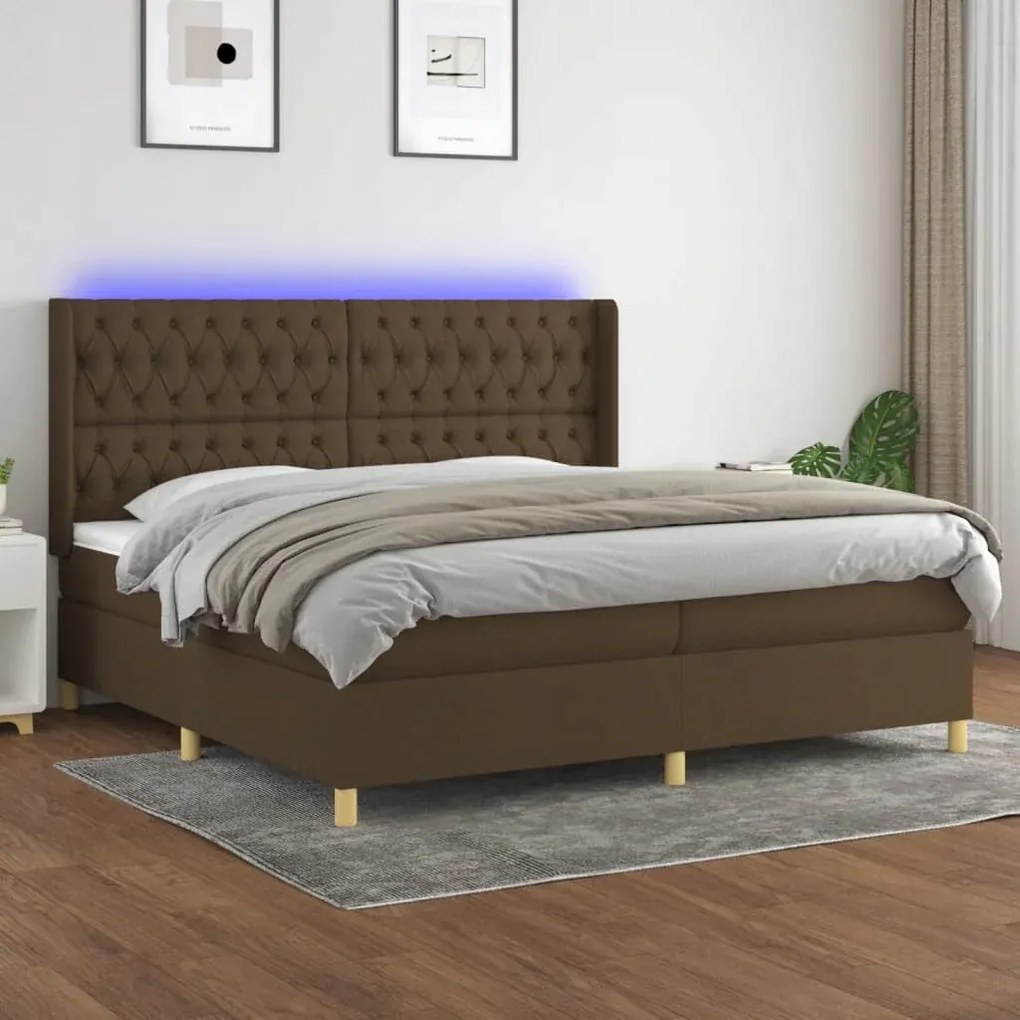 Box spring postel s matrací a led textil tmavě hnědá