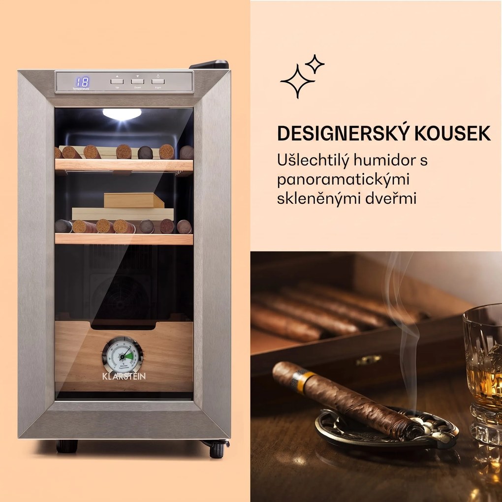 Klarstein El Presidente 23, humidor na doutníky, 23 l, 45 W, LED, dotykové ovládání, bukové dřevo