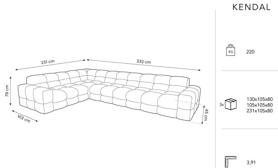 Šedá sametová rohová pohovka (levý roh) Kendal – Micadoni Home