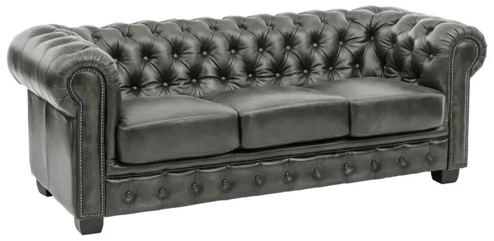furniture-nabytek.cz - Masivní třímístná pohovka Chesterfield z pravé kůže, zelená – 200×90×72 cm