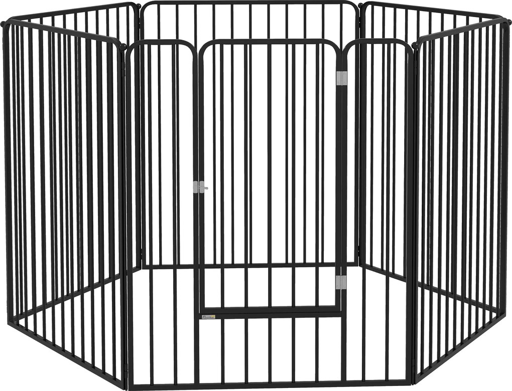 PawHut Velký Dog Playpen se 6 Modulárními Panely pro Vnitřní a Venkovní Použití, Psí Brána z Oceli s Dveřmi, 164x83x100 cm, Černá | Aosom