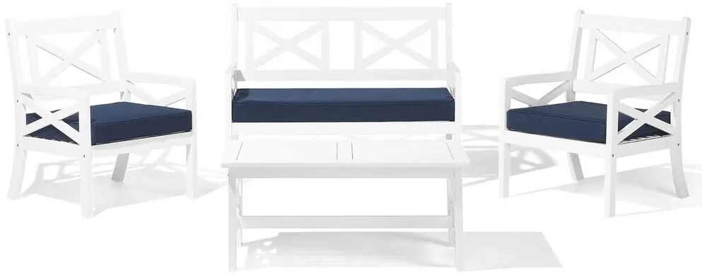 Bílá zahradní souprava stůl, židle a lavice s modrými polštáři BALTIC